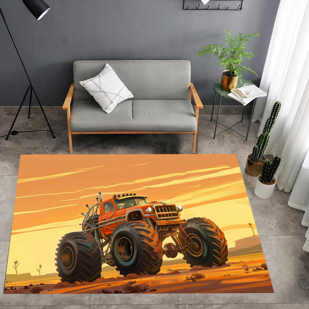 Monster Truck Rug, Monster Truck Area Rug, Orange Monster Truck Rug ...