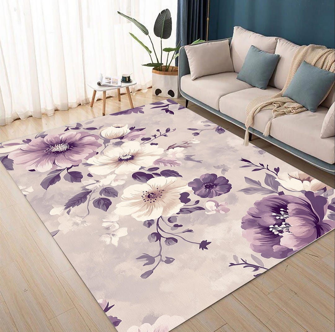Flower Rug, Floral Rug, Purple Rug, Purple Flowers Rug, Kitchen Rug ...