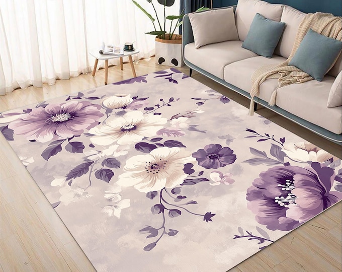 Flower Rug, Floral Rug, Purple Rug, Purple Flowers Rug, Kitchen Rug ...