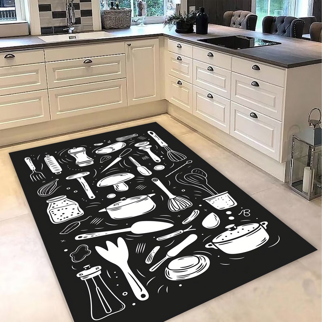 Black White Cooking Tools Rug, Kitchen Rug, Cook Area Rug, Decorative ...