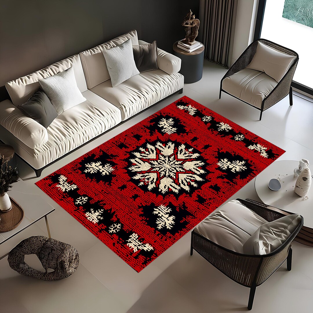 Snowflake Rug, Christmas Rug, Christmas Snowflake Rug, Red Christmas ...