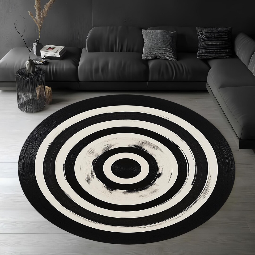 Geometric Round Rug, Black and White Modern Art, Cotton Woven - Etsy