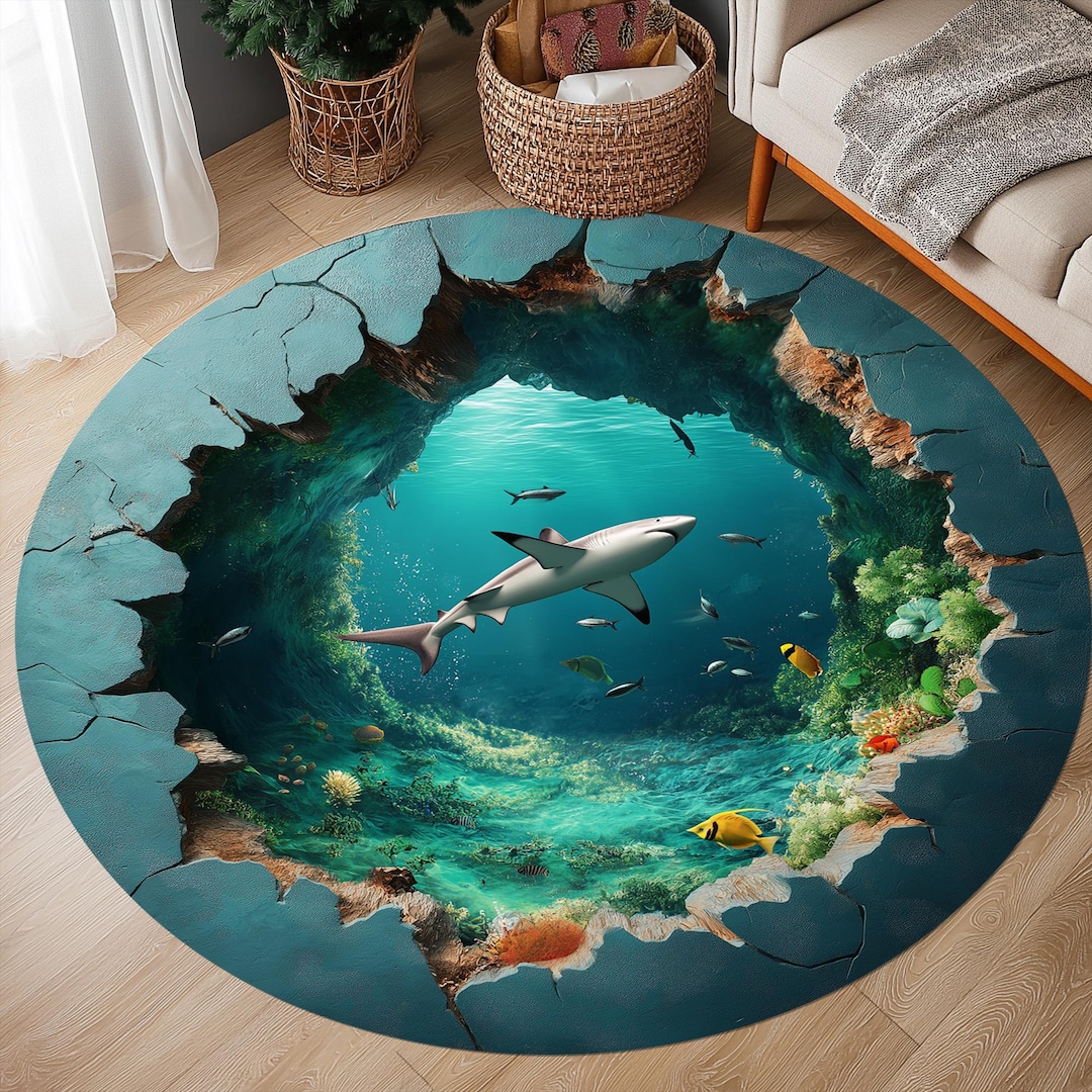 Shark Rug, 3D Rug, 3D Shark Rug, 3D Round Rug, Deep Hole Rug, Illusion ...