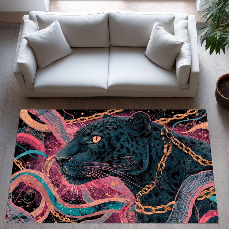 Wildlife Panther Rug: Black Neon Animal Carpet, Pink Blue Abstract ...