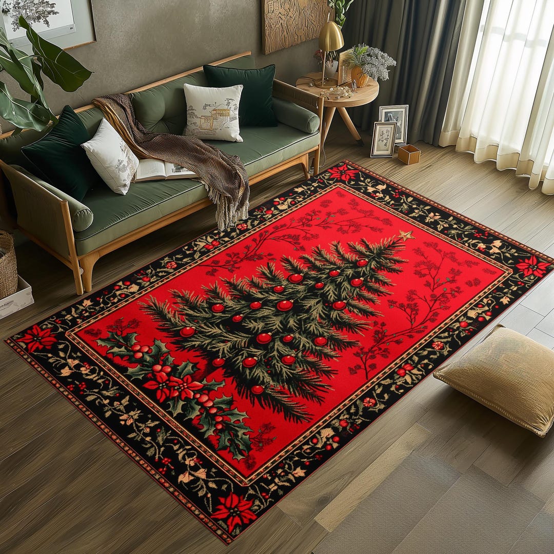 Christmas Rug, Traditional Christmas Rug, Christmas Tree Rug, Xmas Tree ...