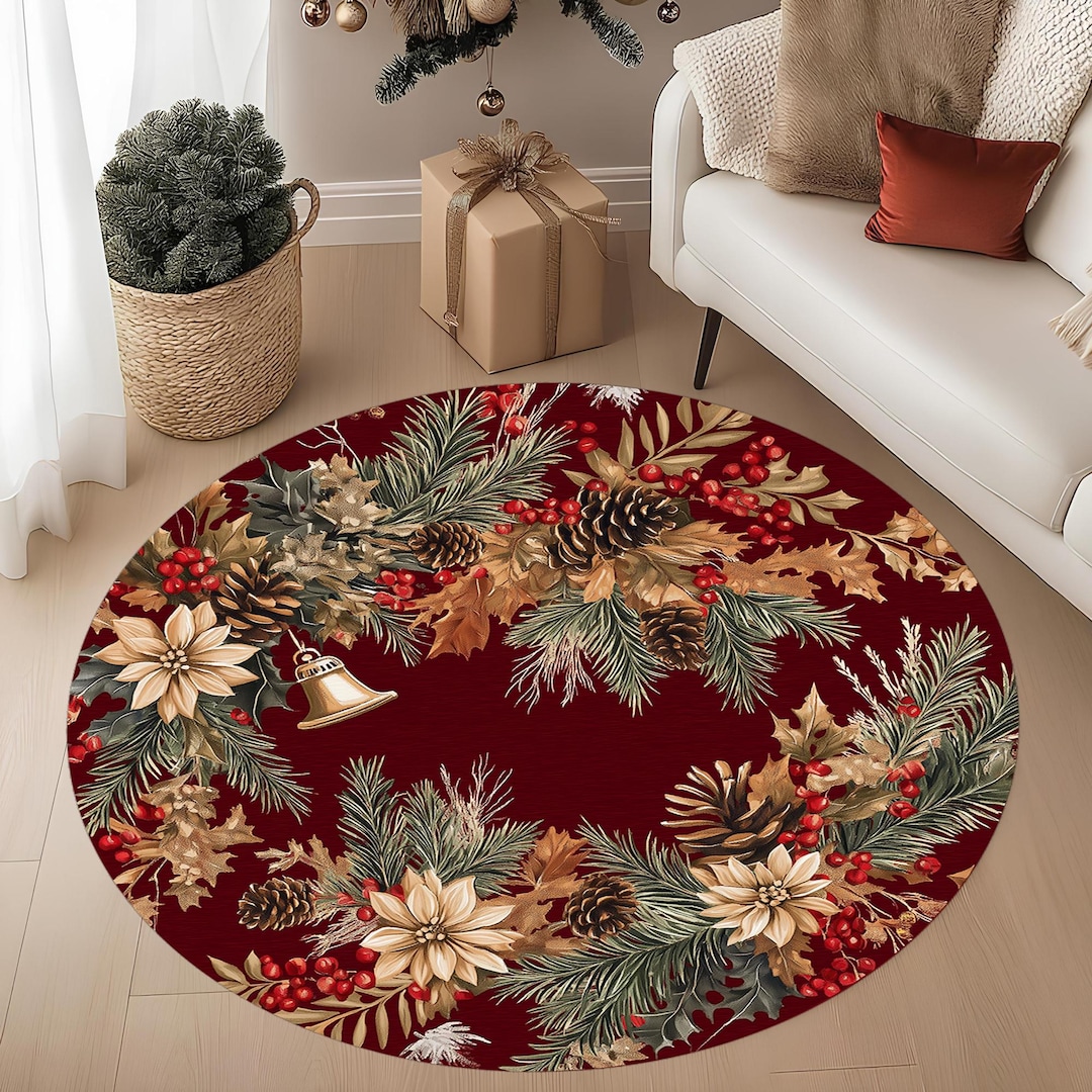 Christmas Rug, Holly Rug, Round Christmas Rug, Christmas Flowers Rug ...