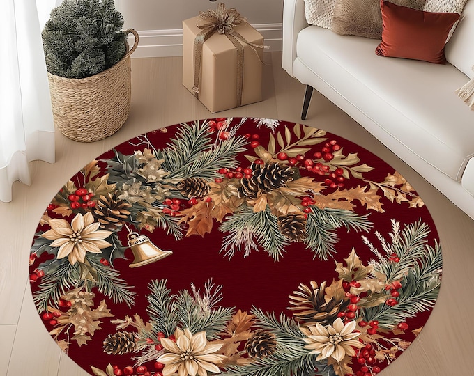 Christmas Rug, Holly Rug, Round Christmas Rug, Christmas Flowers Rug ...
