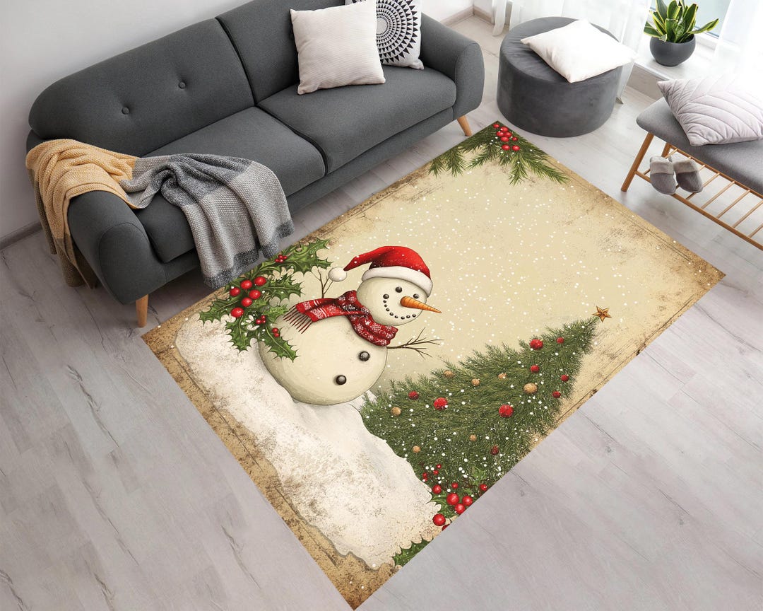 Snowman Rug, Christmas Rug, Christmas Tree Rug, Snow Rug, Holly Berries ...
