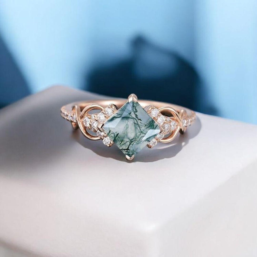 Princess Cut Moss Agate Engagement Ring: 14k Rose Gold, Nature Inspired ...