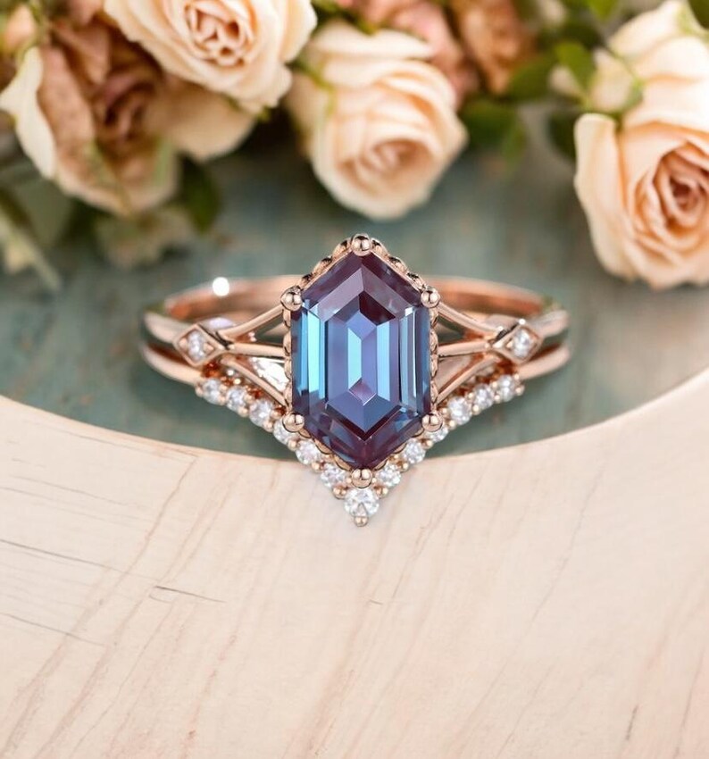 Long Hexagon Alexandrite Ring Vintage Unique Engagement Ring Set Rose ...