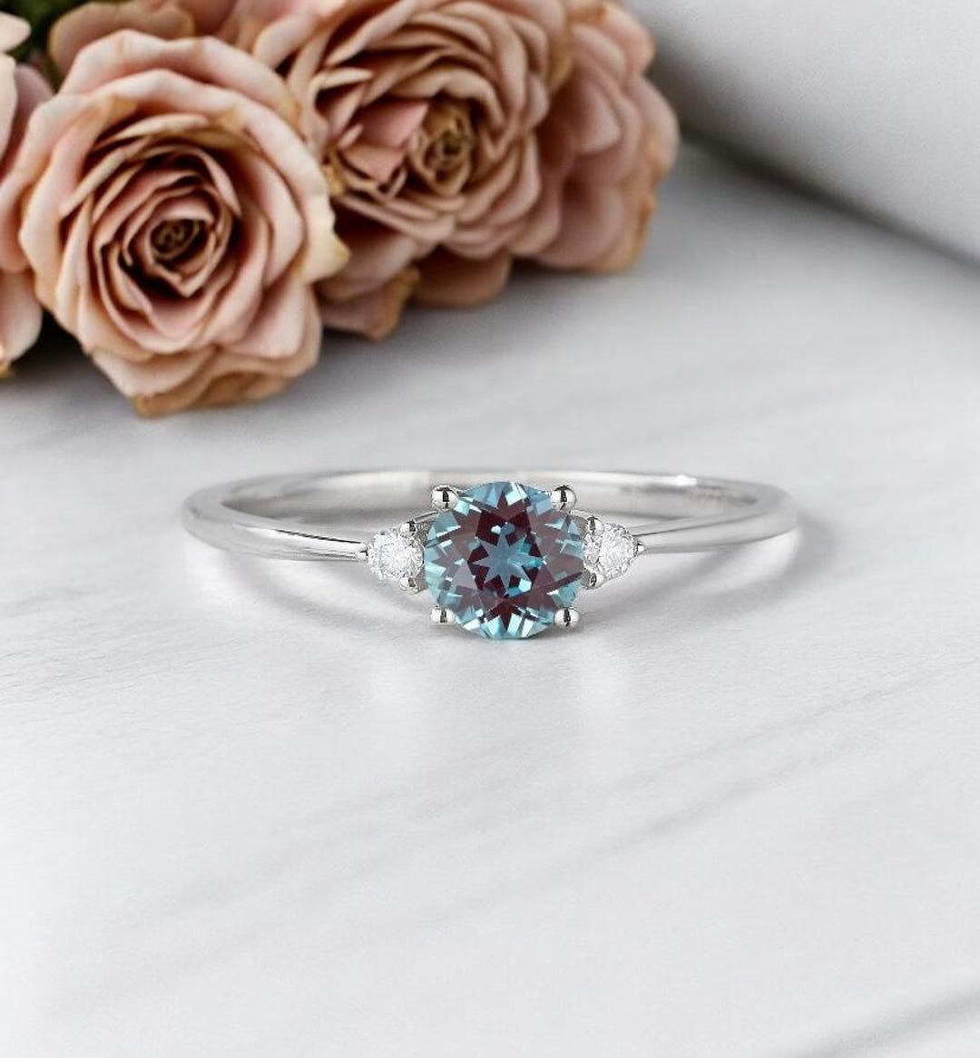Round Cut Alexandrite Ring White Gold Engagement Ring Birthstone Ring ...