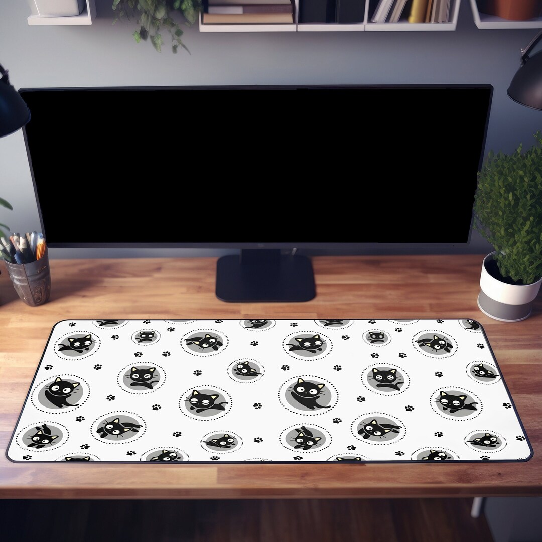 Cute Black Cat Desk Mat, Aesthetic Desk Mat, Kawaii Cat Desk Mat, Large ...