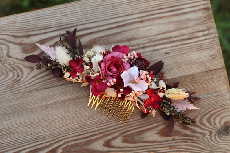 Boho Burgundy Flower Hair Comb, Deep Red Wedding Headpiece - Etsy