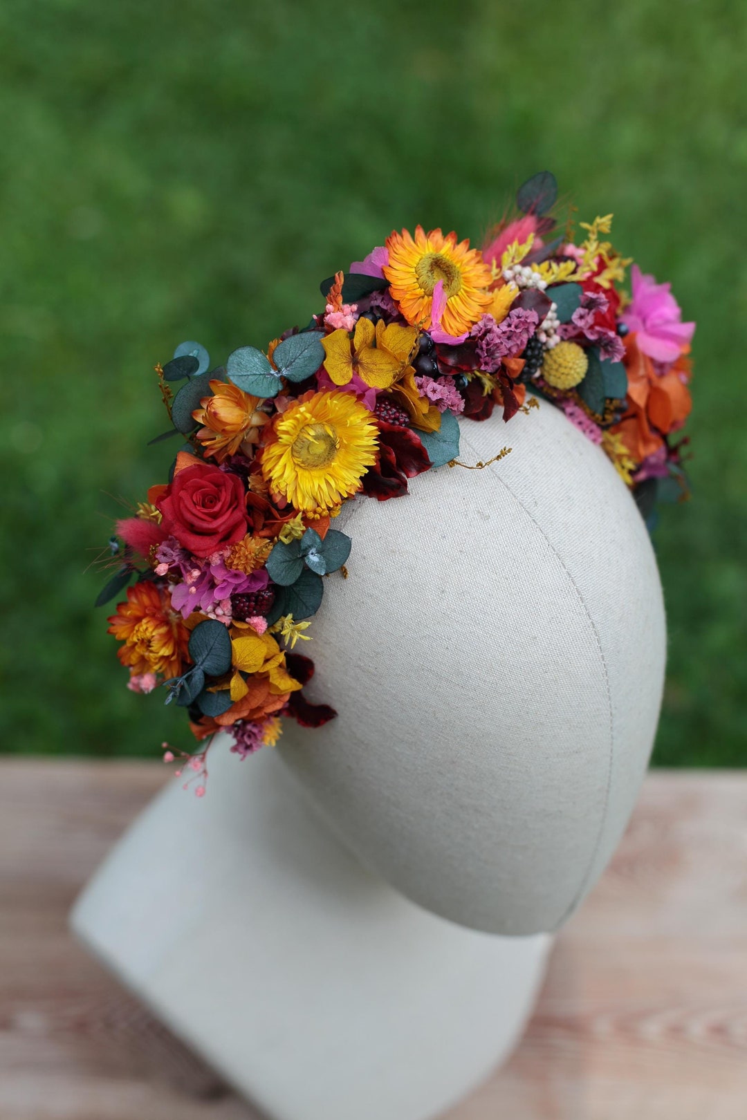 Romanic Flower Crown Burnt Orange, Red and Fuchsia Wedding Rustic Crown ...