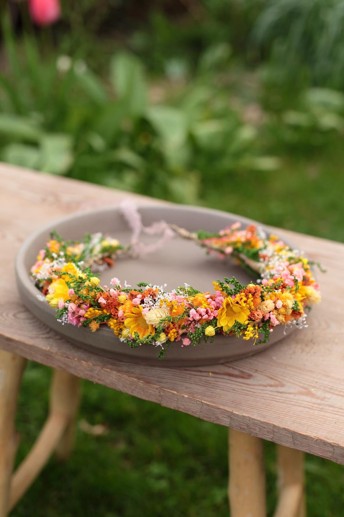 Rustic Wedding Flower Crown: Yellow, Pink & Green Meadow Garland - Etsy