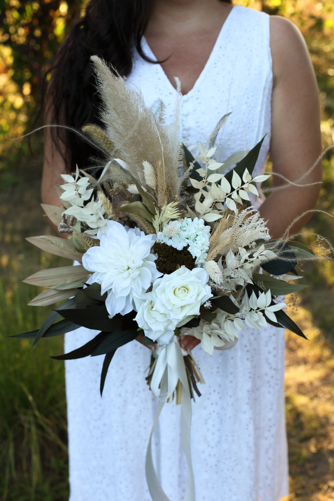 White Dried Flower Wedding Bouquet: Boho Pampas Grass Bridal Flowers - Etsy