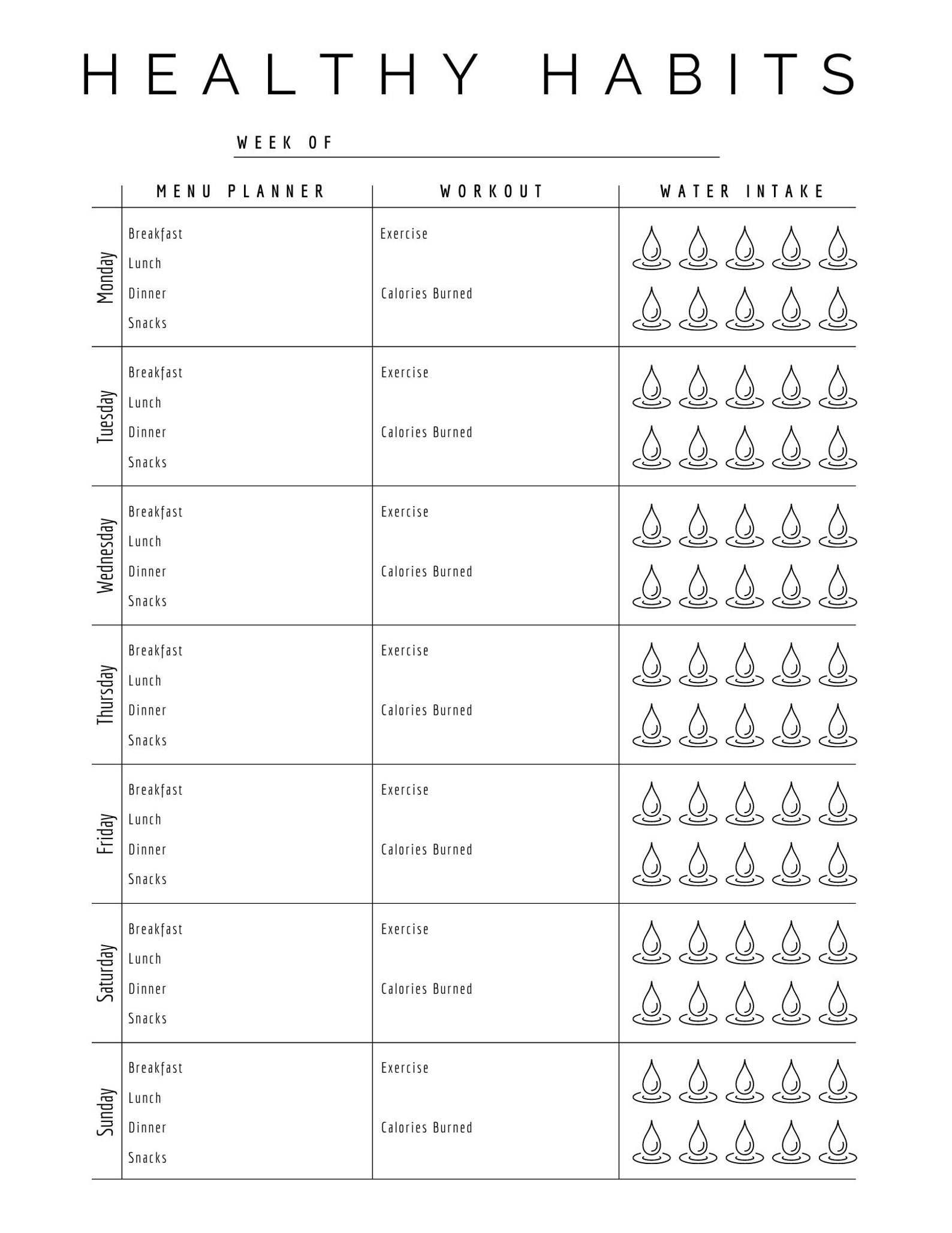 Healthy Habits Planner, Printable Planner, Weekly Planner, Fitness ...