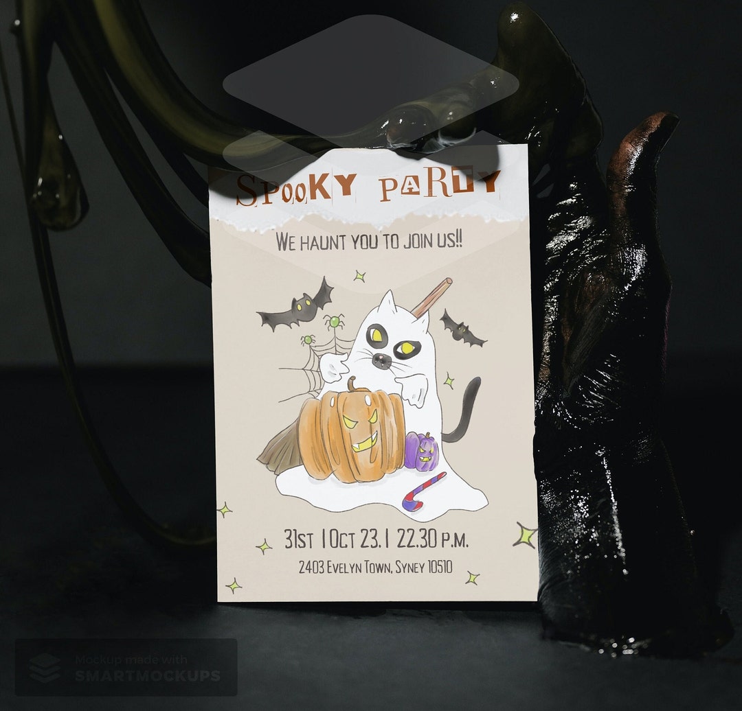 Ghost Cat Halloween Party Invitation, Kids Party, Ghost, Trick or Treat ...