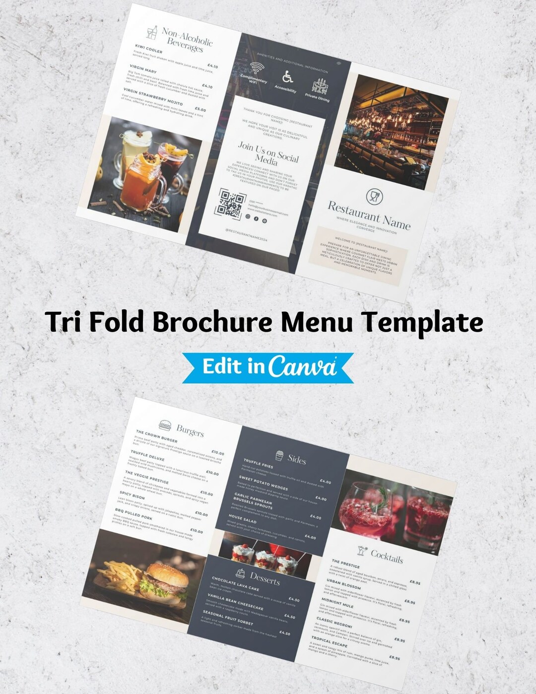 Tri Fold Brochure Menu Template for Bars Pubs Restaurants Editable in ...