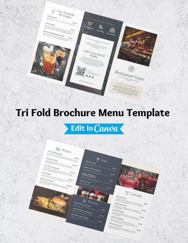 Tri Fold Brochure Menu Template for Bars Pubs Restaurants Editable in ...