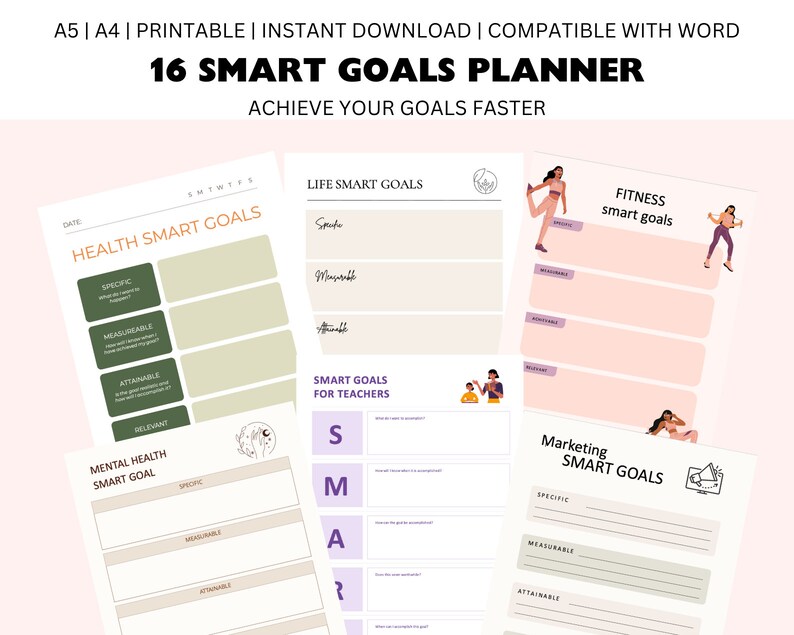 16 Templates SMART Goals Planner Plus Printable Mind Map Bonus Included ...