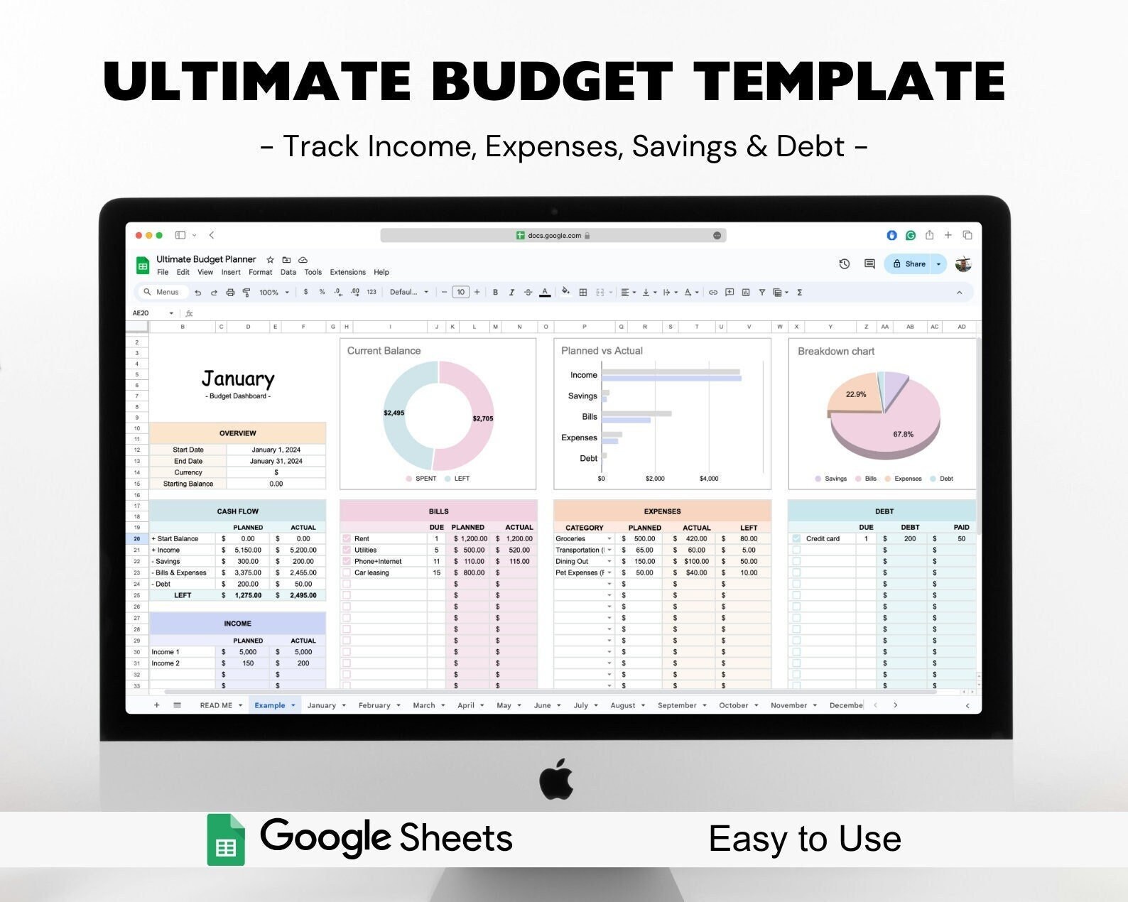Ultimate Budget Planner for Google Sheets, Monthly Budget Spreadsheet ...