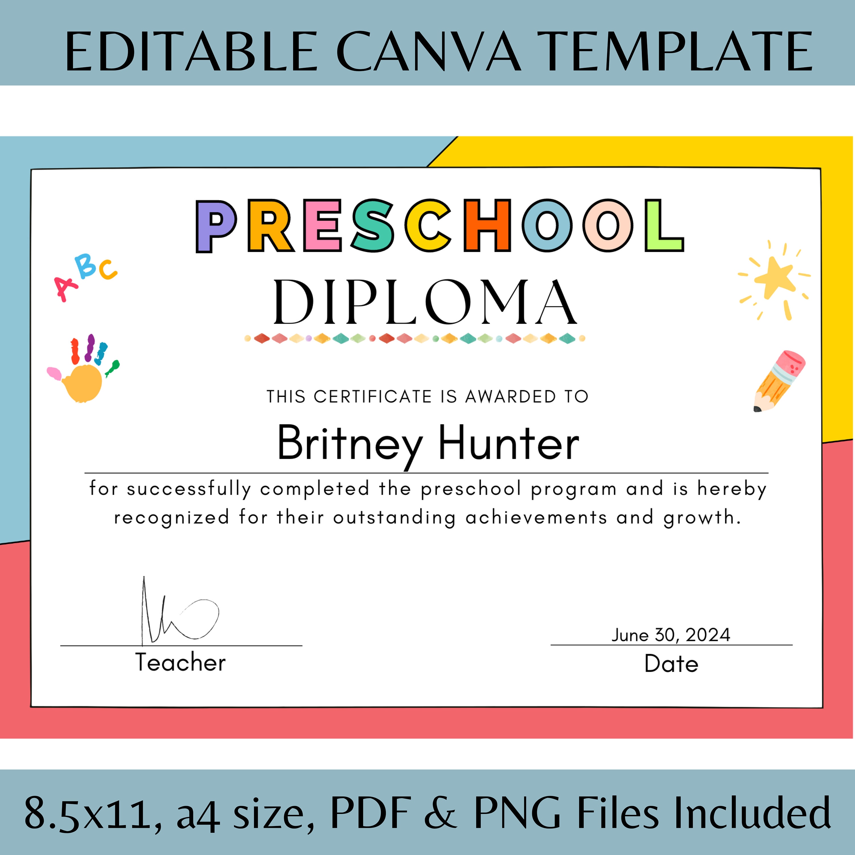 Editable Preschool Diploma Template, Printable Preschool Graduate ...