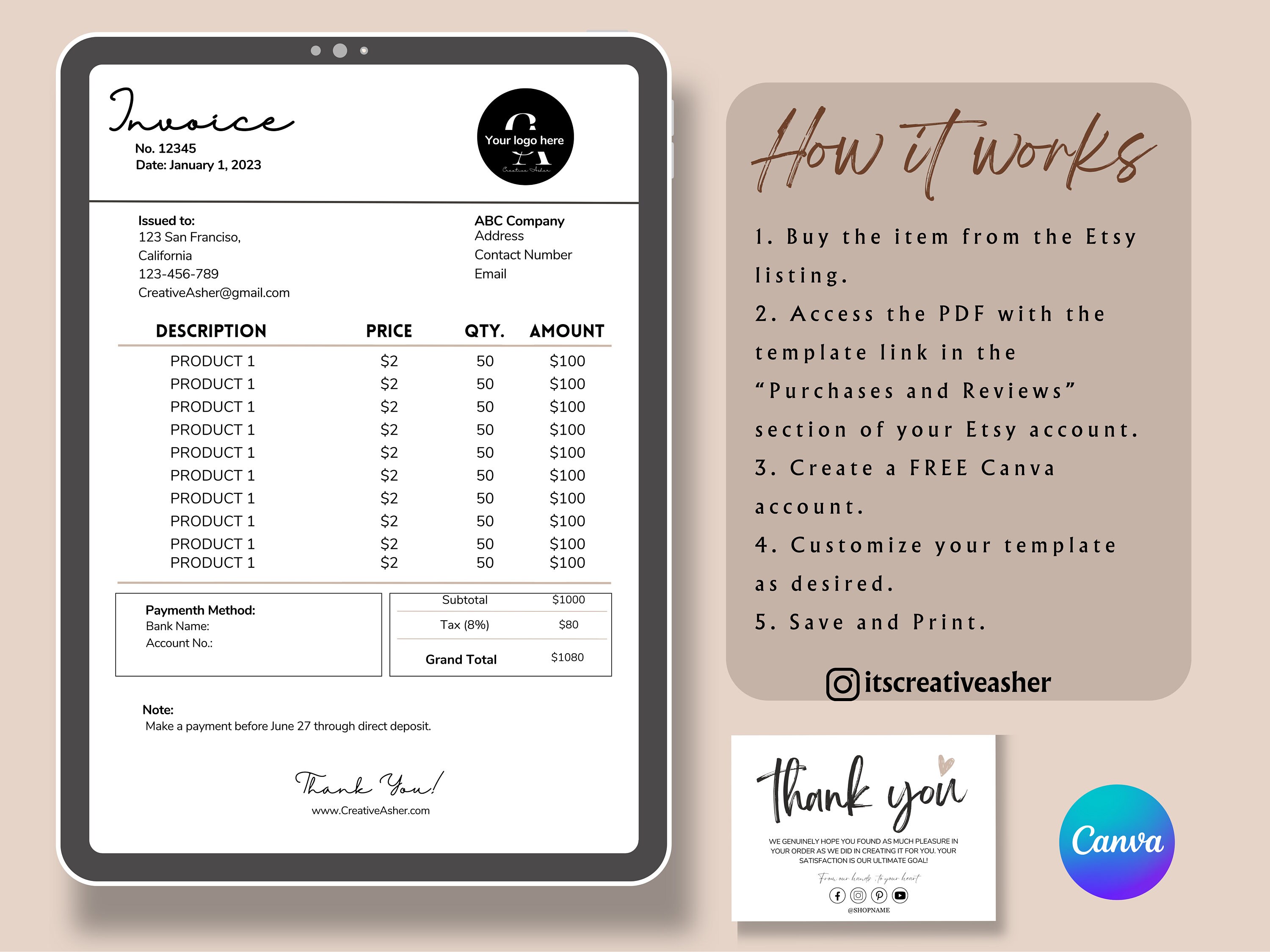 Invoice Templates Editable Printable Minimalist for Small - Etsy