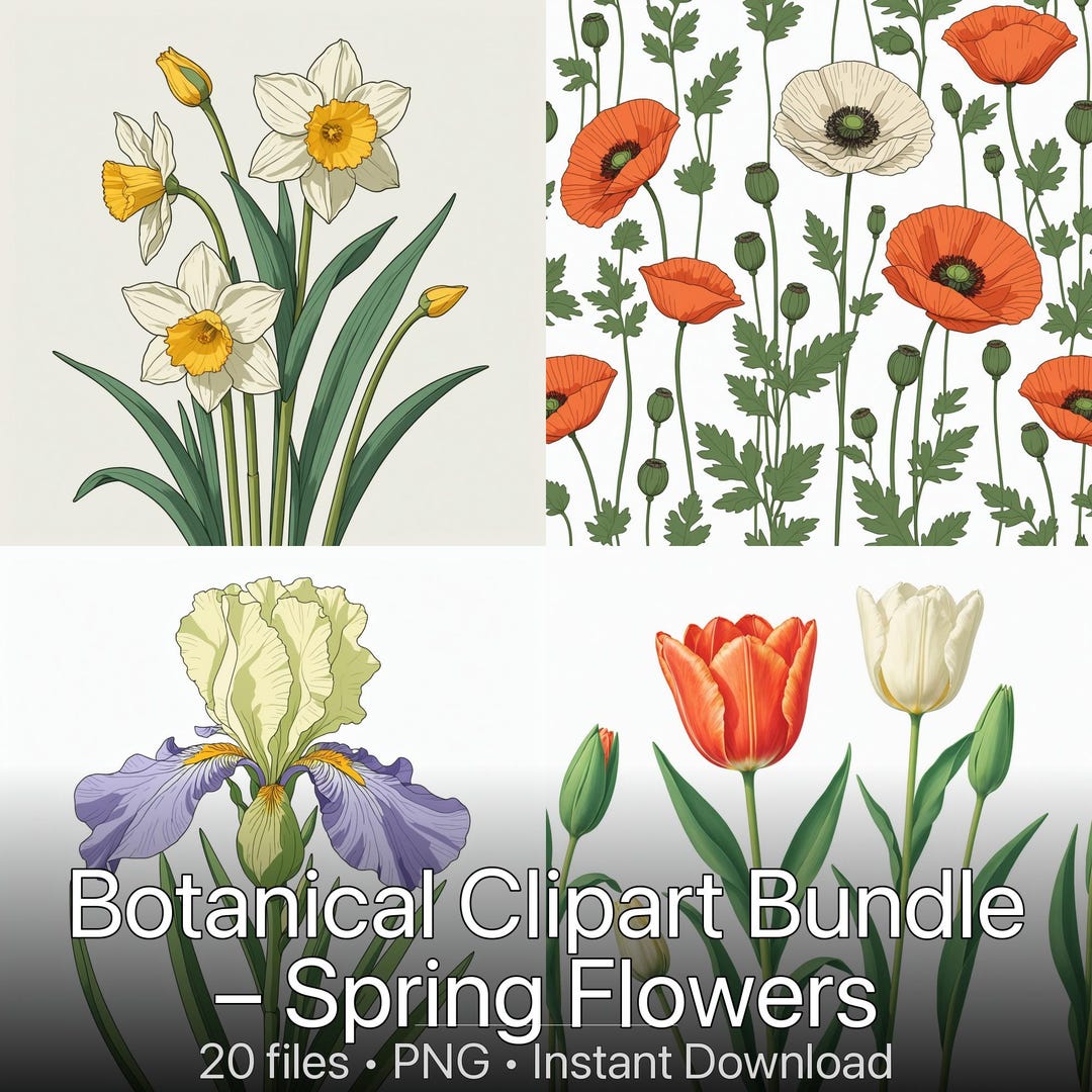 Botanical Clipart Bundle – Spring Flowers – 20+ PNG | Commercial Use ...