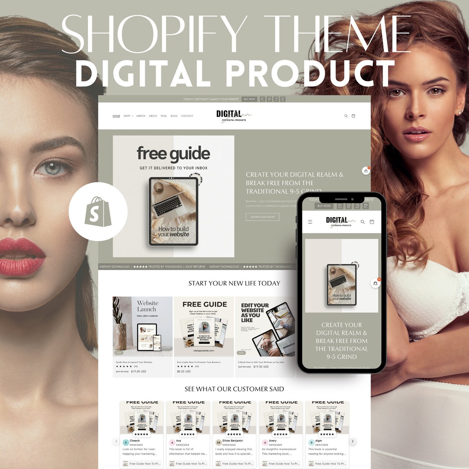 Green Shopify Theme With 30 MRR Digital Products, Template Online Store, Ecommerce Clean and ...