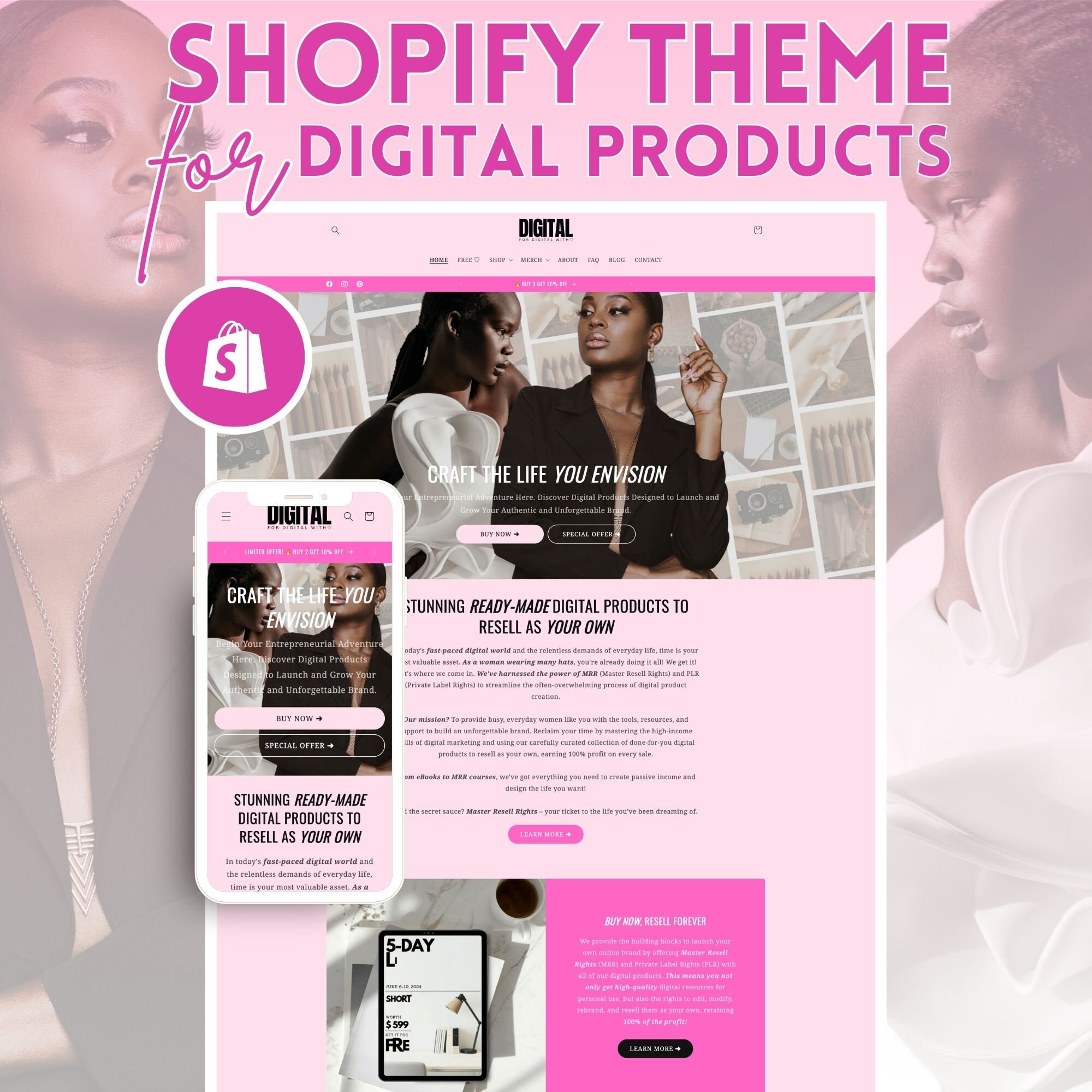 Feminine & Pink Shopify Theme for Selling Digital Products, Ecommerce ...