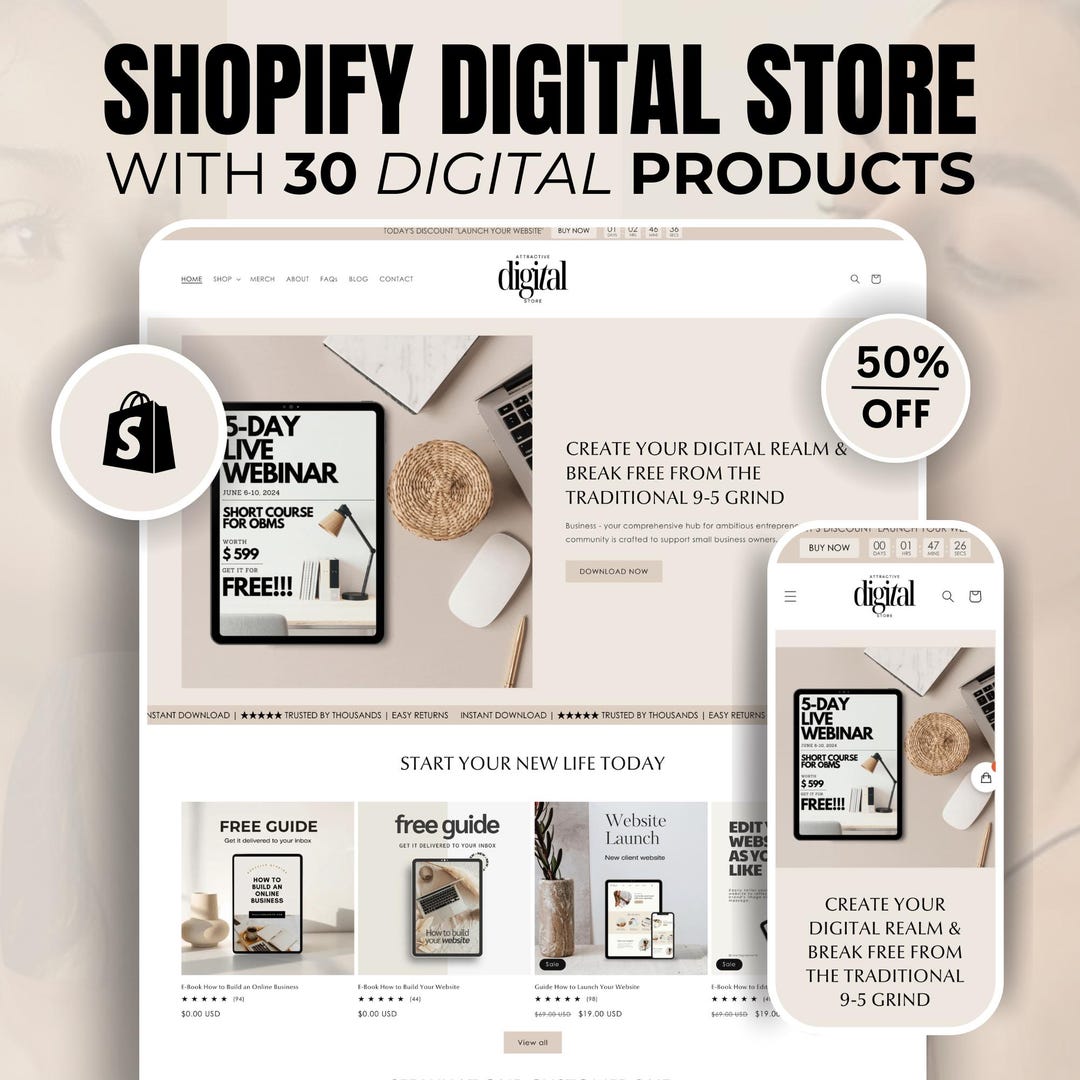 Beige Shopify Theme: 30 MRR Digital Products, Editable Canva Templates ...
