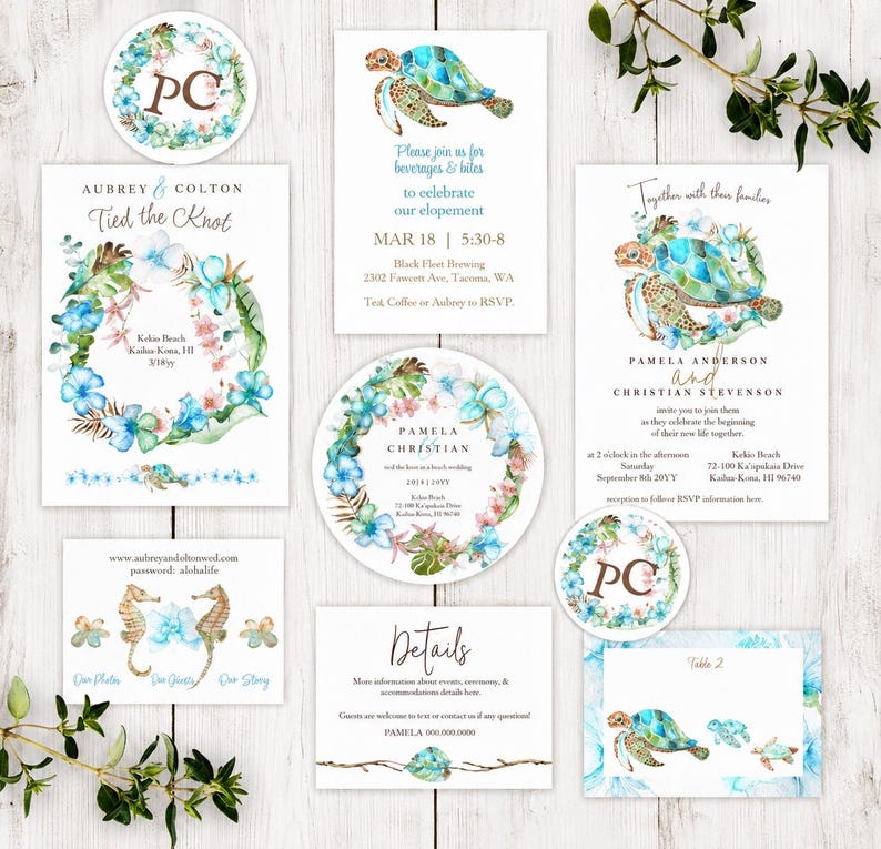 Sea Turtle Wedding Invitation Set Template, Tropical Beach Wedding ...