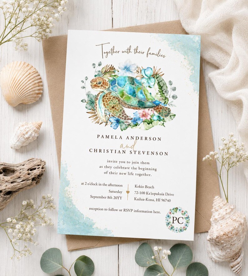 Sea Turtle Wedding Invitation Set Template, Tropical Beach Wedding ...