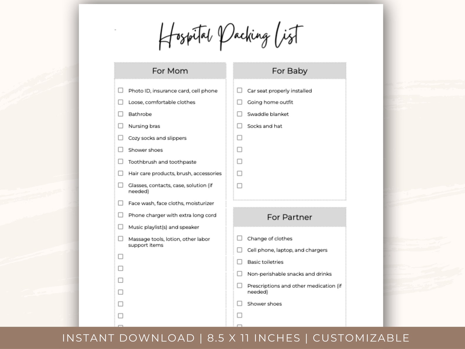 Hospital Bag Checklist Printable, Hospital Packing List, Labor and ...