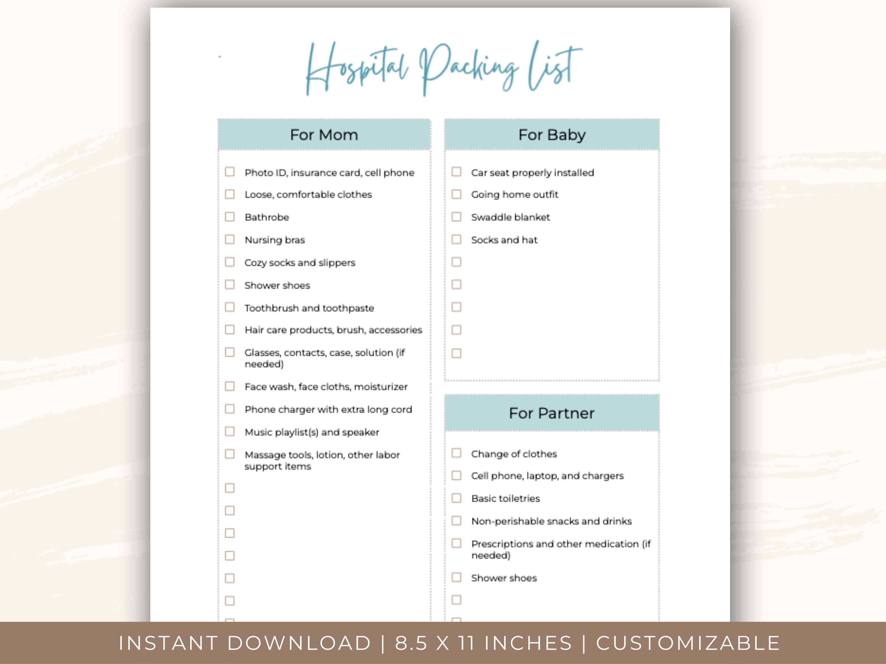 Hospital Bag Checklist Printable, Hospital Packing List, Labor and ...
