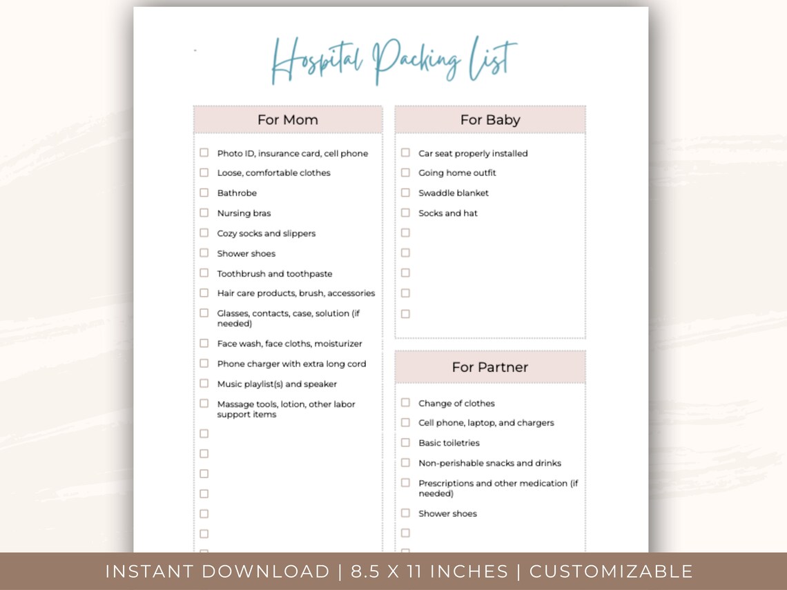 Hospital Bag Checklist Printable, Hospital Packing List, Labor and ...