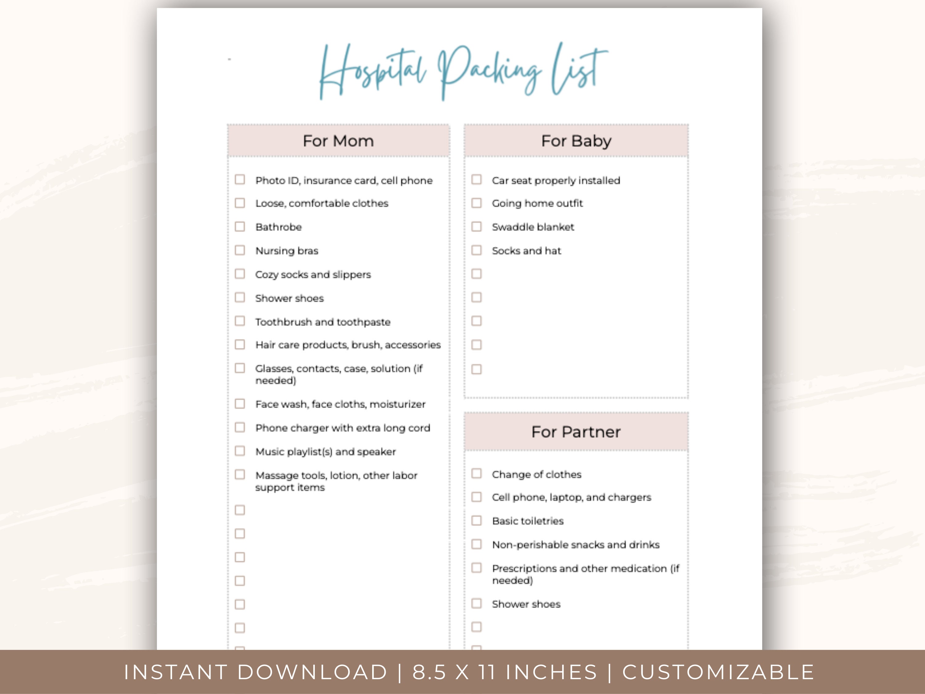 Hospital Bag Checklist Printable, Hospital Packing List, Labor and ...
