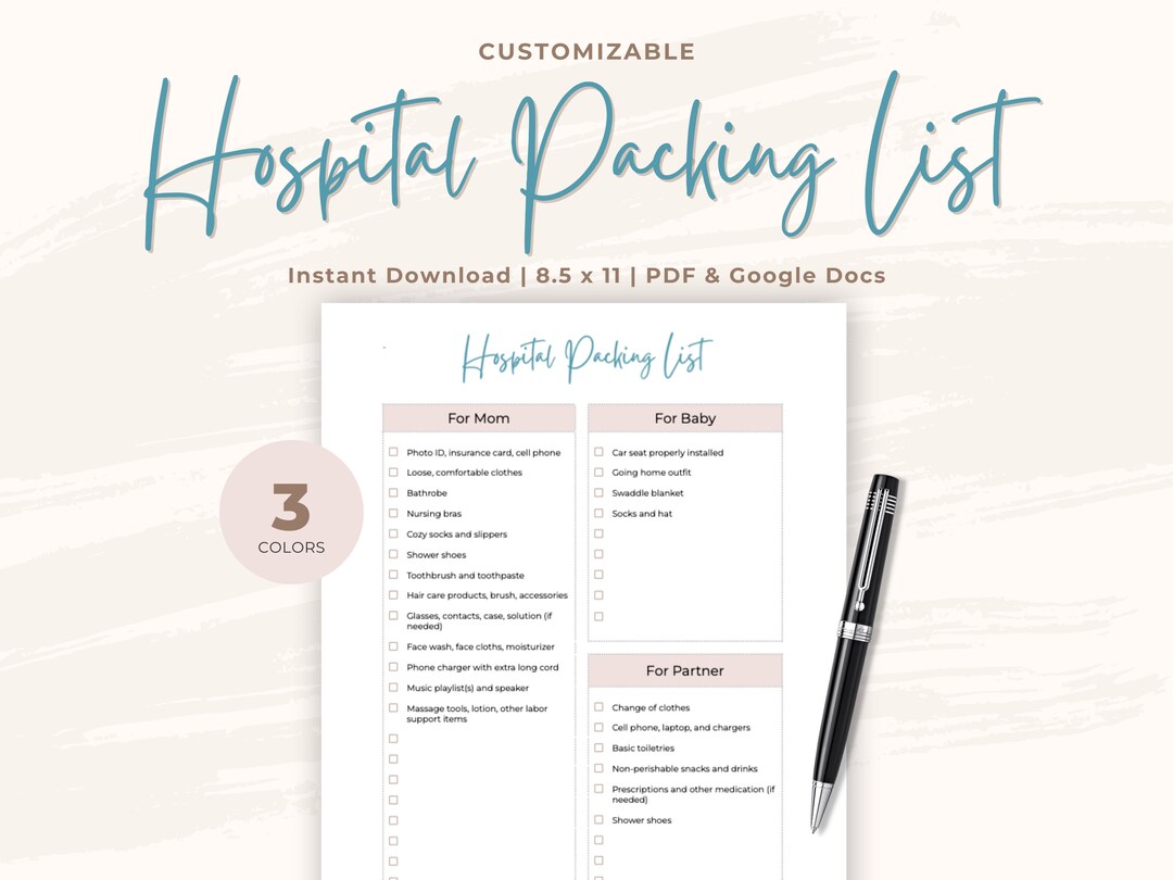 Hospital Bag Checklist Printable, Hospital Packing List, Labor and ...