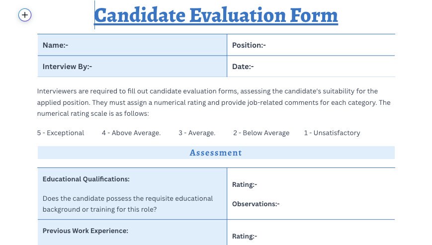 Comprehensive Candidate Evaluation Form for Team Managers: Enhancing ...
