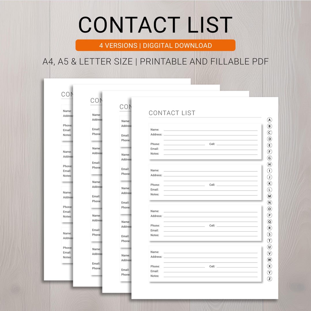 Printable Contact List: Address Book Organizer (a4/a5/letter PDF) - Etsy