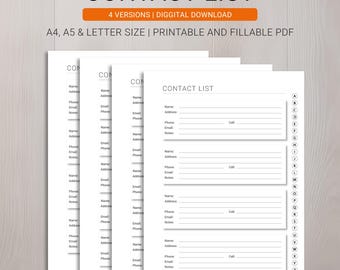 Printable Contact List: Address Book Organizer (a4/a5/letter PDF) - Etsy
