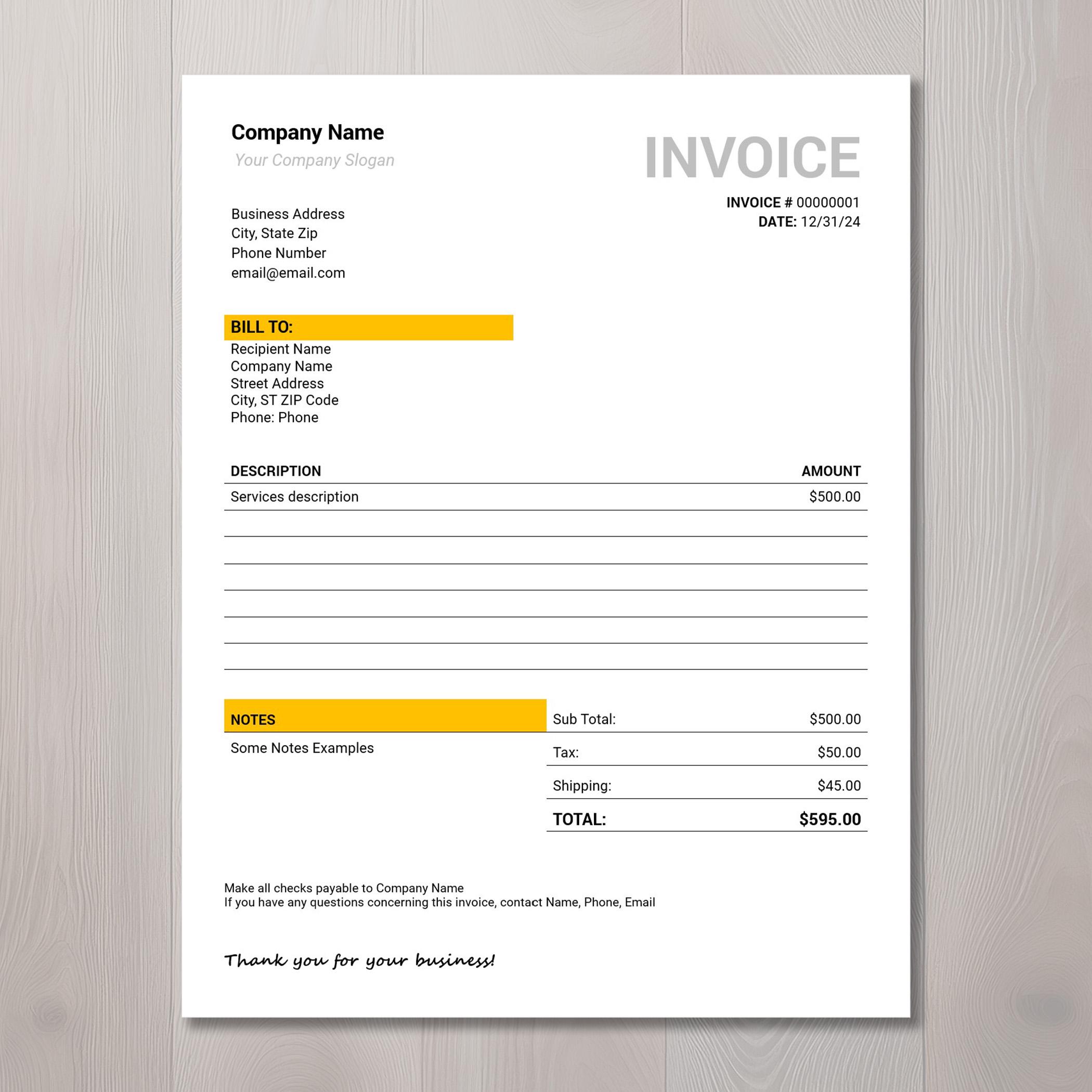 Invoice Template for Small Business, Editable in Word and Google Docs ...