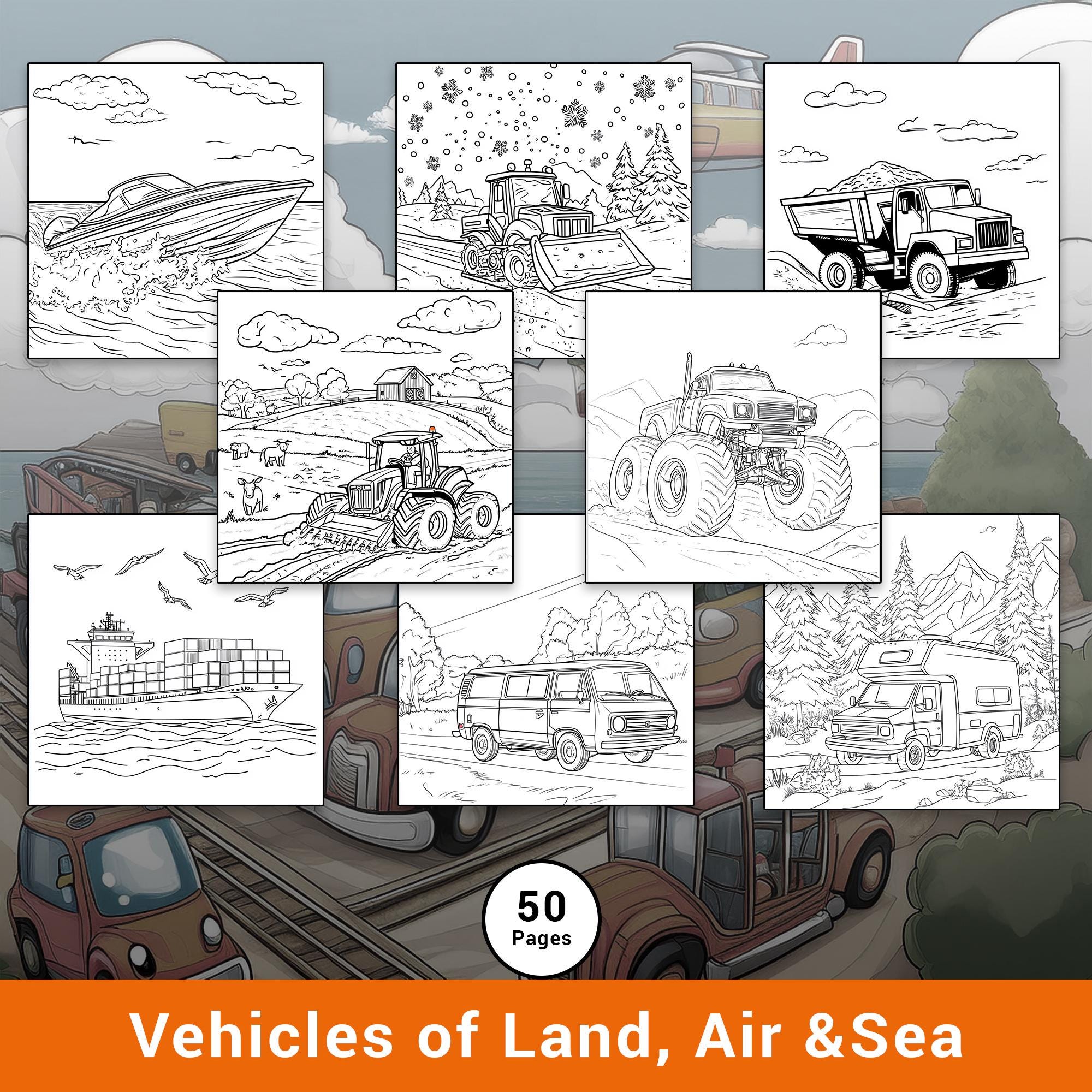 Vehicle Coloring Book for Kids, Transportation Coloring Pages, Land Air ...