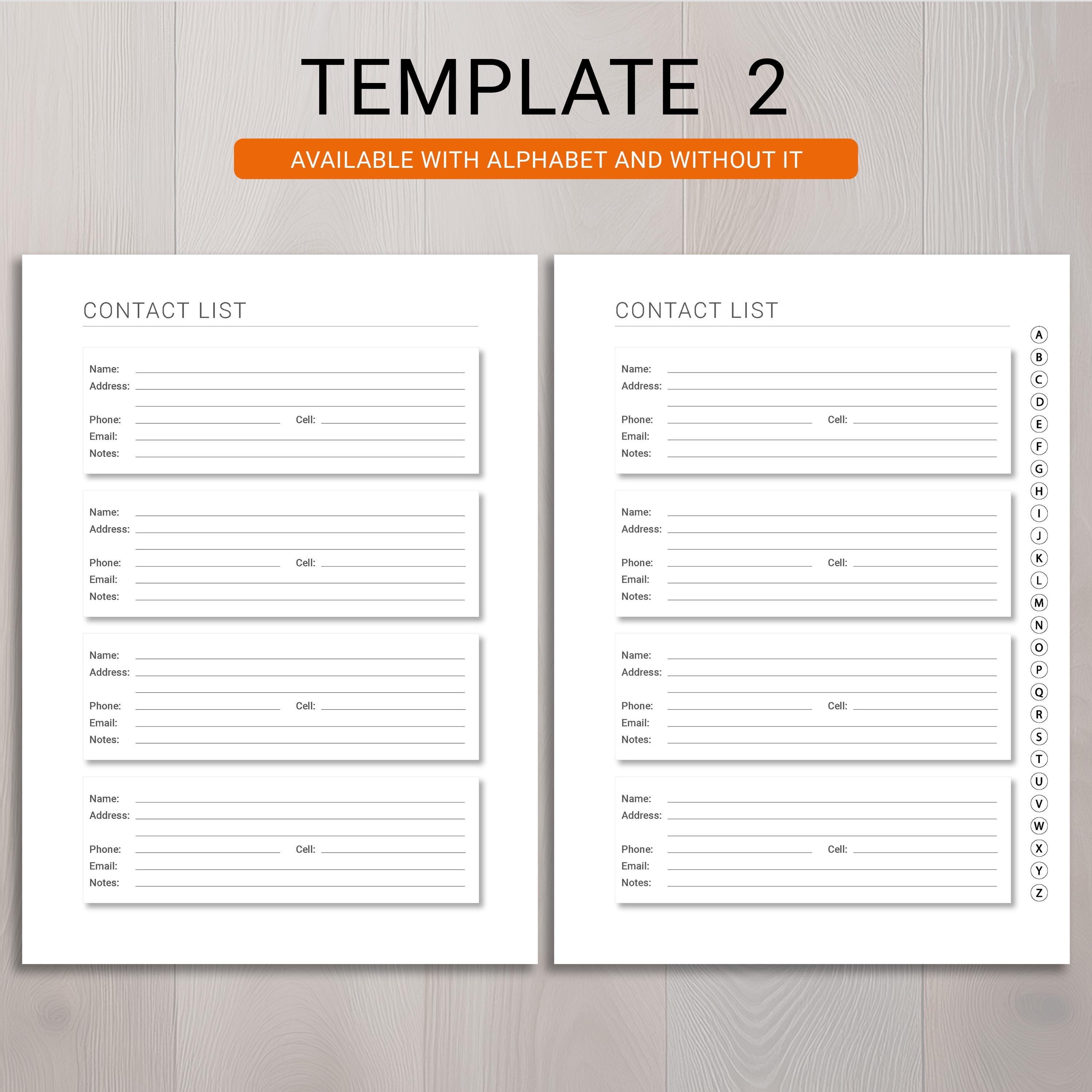 Contacts List Printable, Address Book Organizer, Contact Information ...