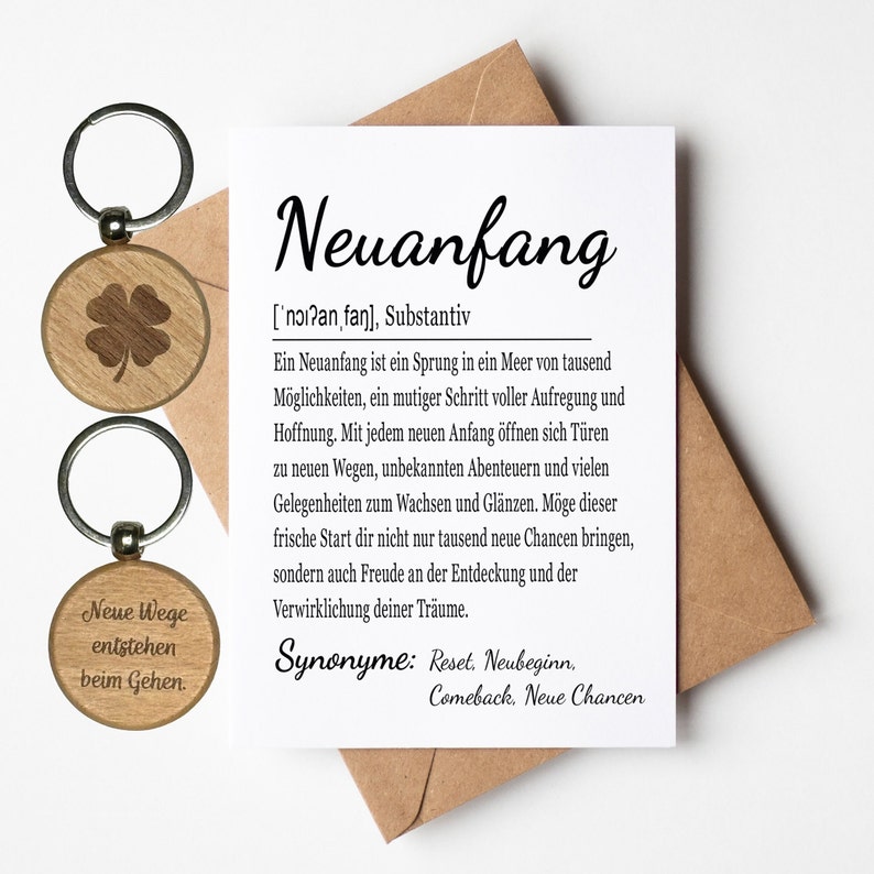 Neuanfang Karte mit Umschlag und Schlüsselanhänger beidseitig graviert, Neuer Job, Mutmacher ...