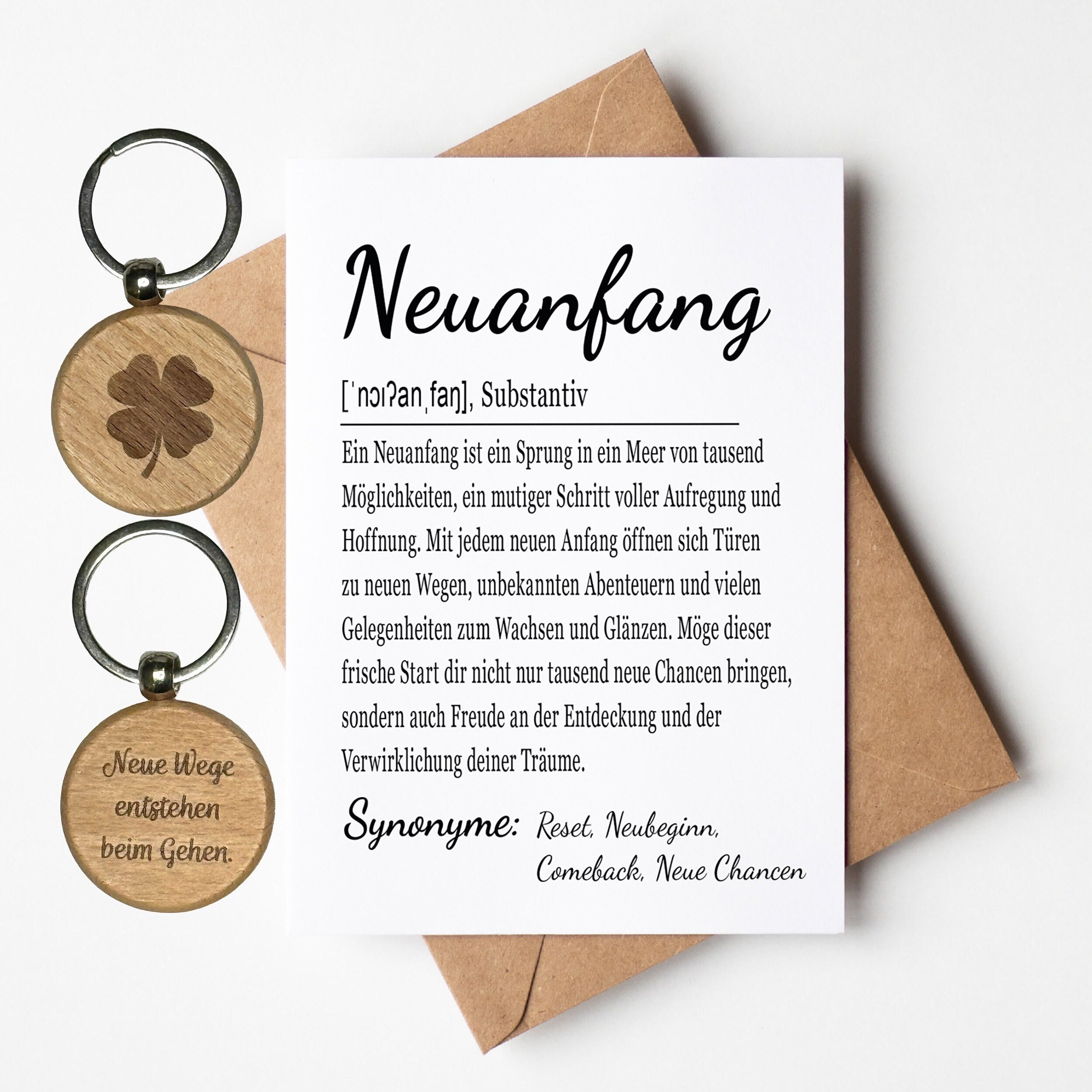 Neuanfang Karte mit Umschlag und Schlüsselanhänger beidseitig graviert ...