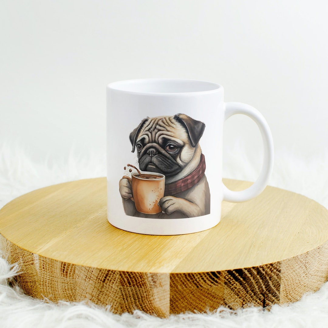 Pug Drinking Coffee, Printed on Both Sides, Gift for Pug Owners and ...
