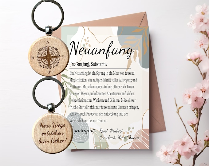 Neuanfang Karte mit Umschlag und personalisertem Schlüsselanhänger ...