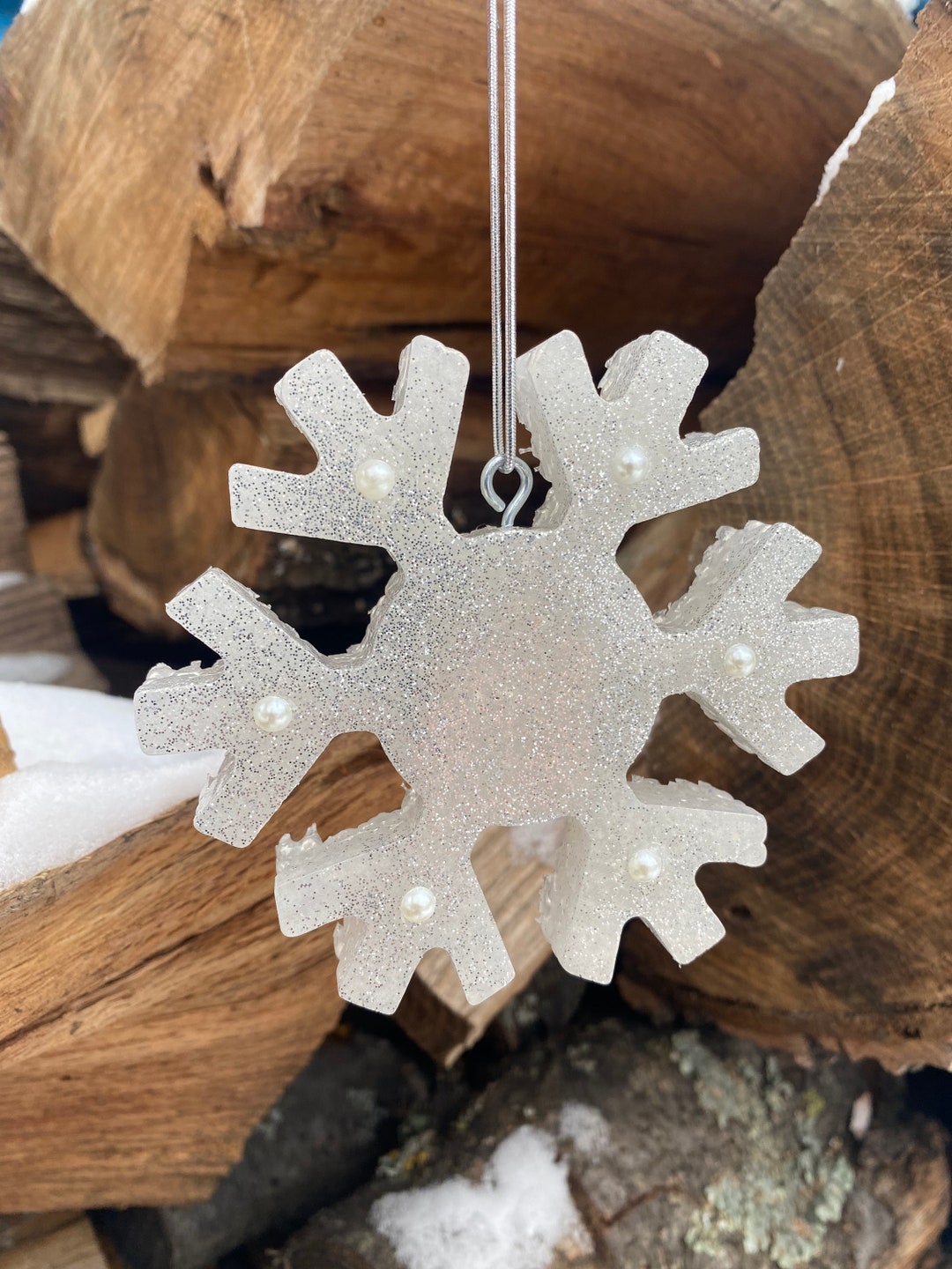 Large Snowflake Car Freshie Christmas White Glitter Mahogany Teakwood ...